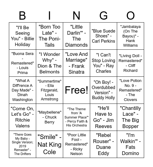 50s Music Bingo Round #3 Bingo Card