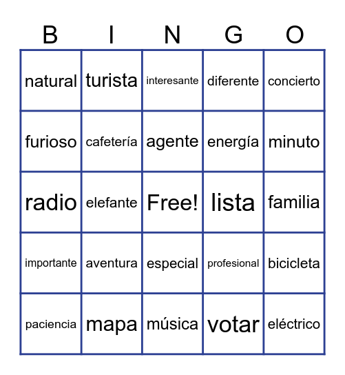 Spanish and English Cognates Bingo Card
