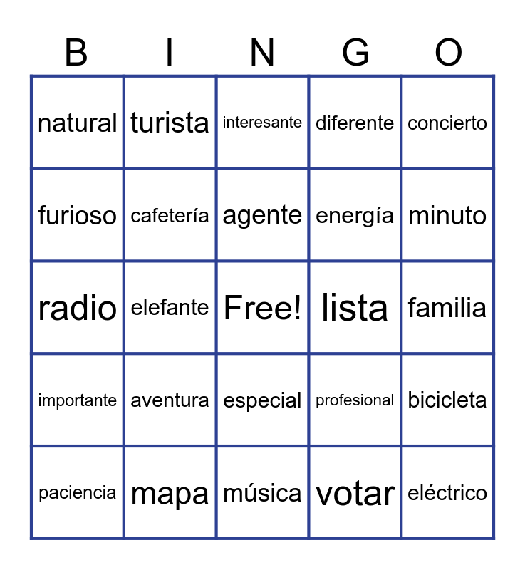 Spanish and English Cognates Bingo Card