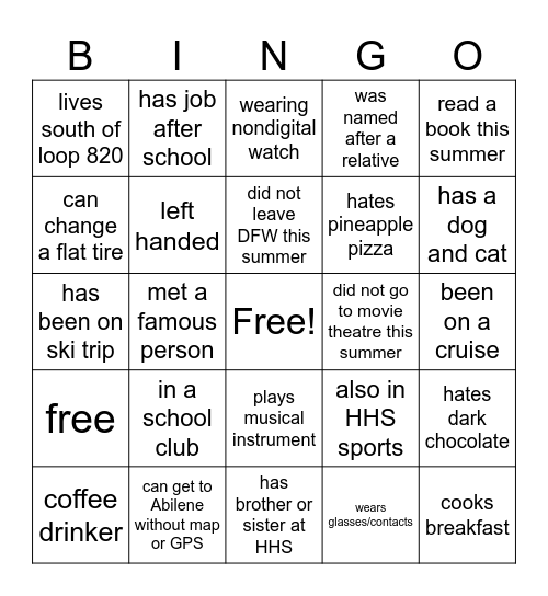 mingle bingo Card