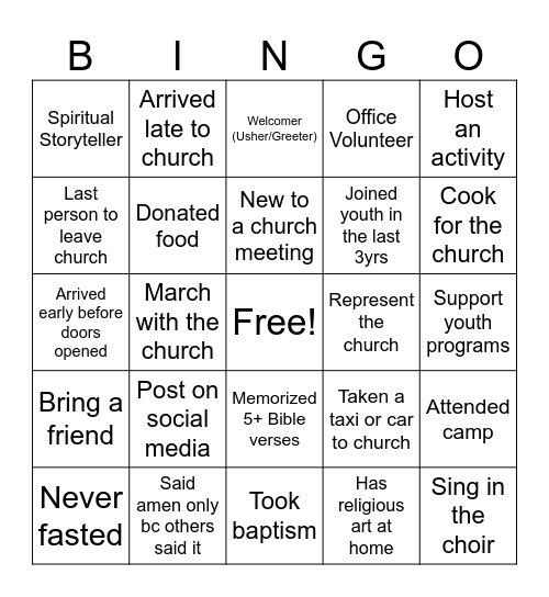 Church Bingo Card