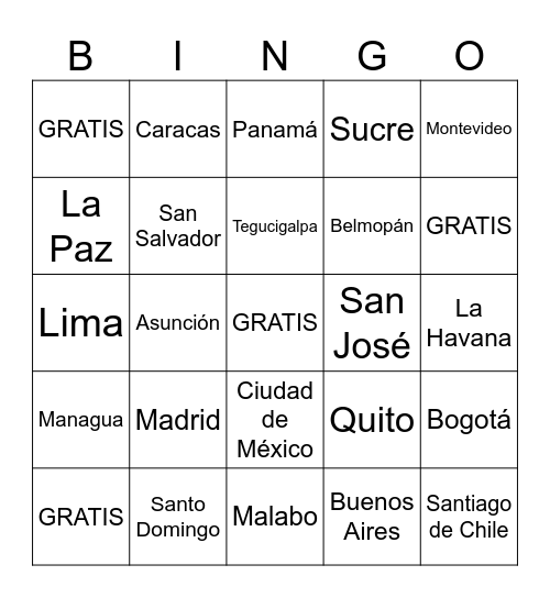 Capitales de países dónde se habla español Bingo Card