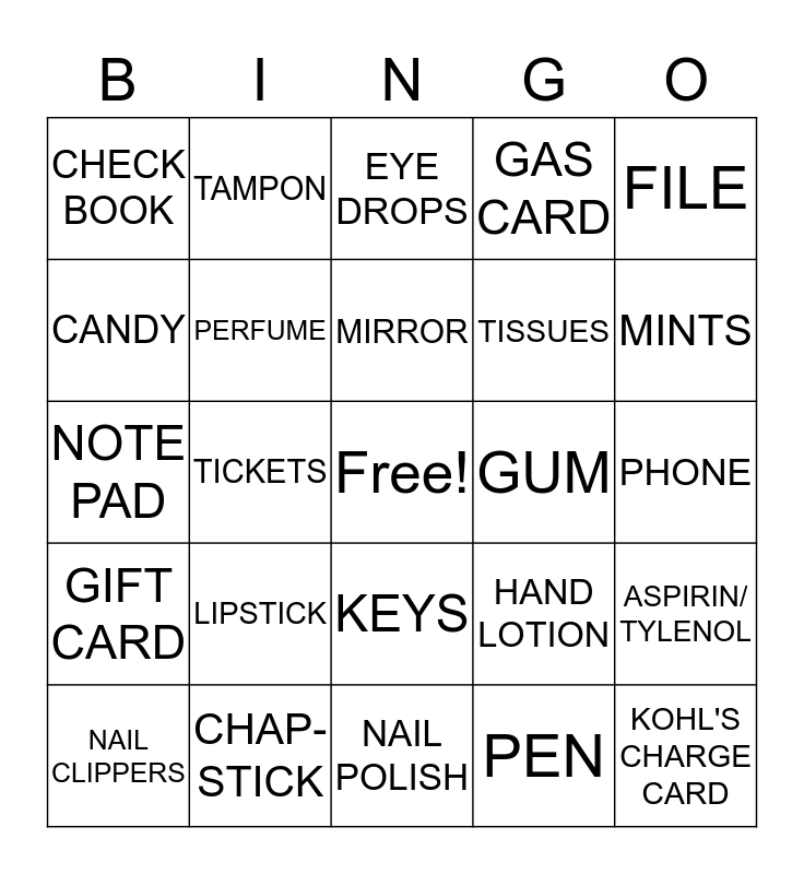 WHAT S IN YOUR PURSE Bingo Card