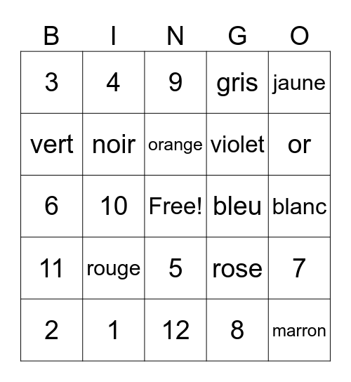 les coleurs et les nombres Bingo Card