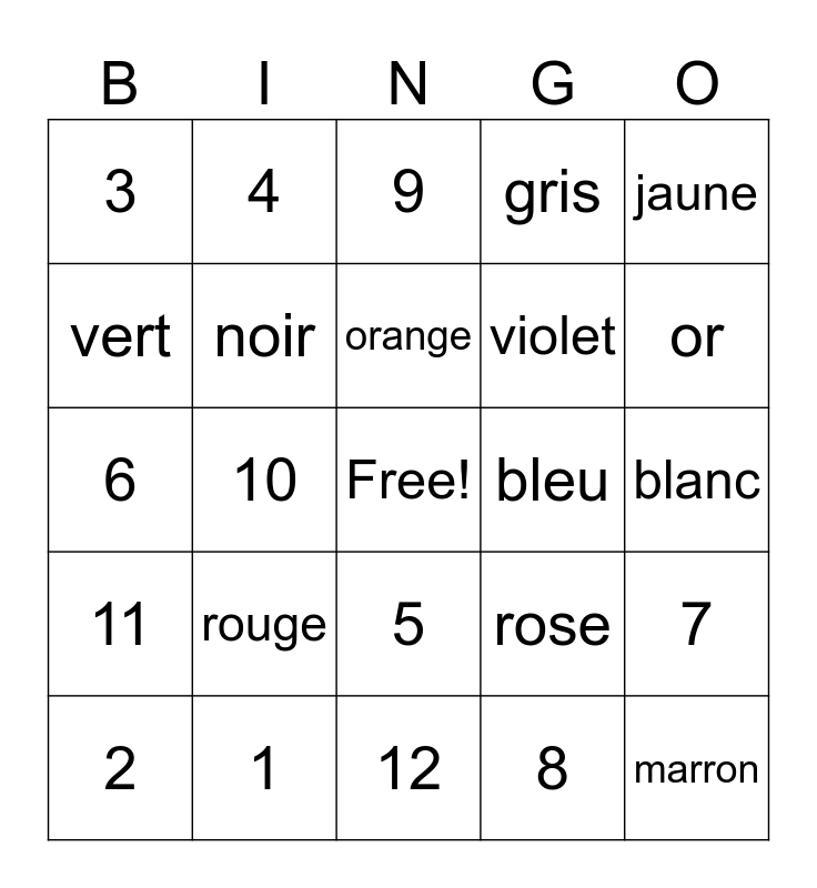 les coleurs et les nombres Bingo Card