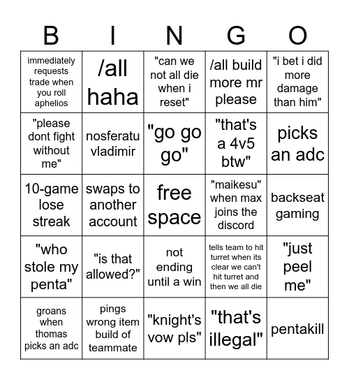 typical ARAM game with mvsrocks1 Bingo Card