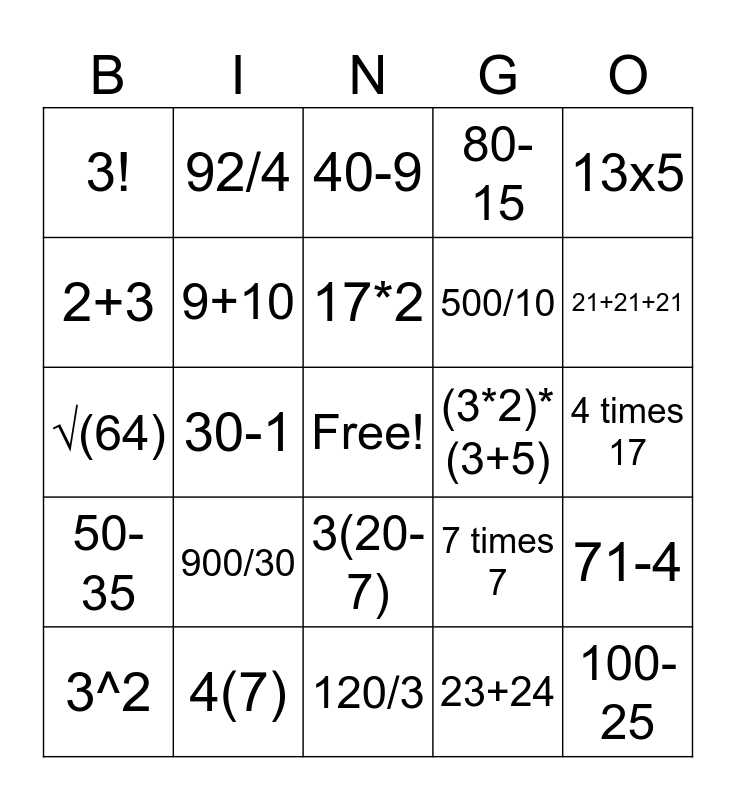Math Expressions Bingo Card