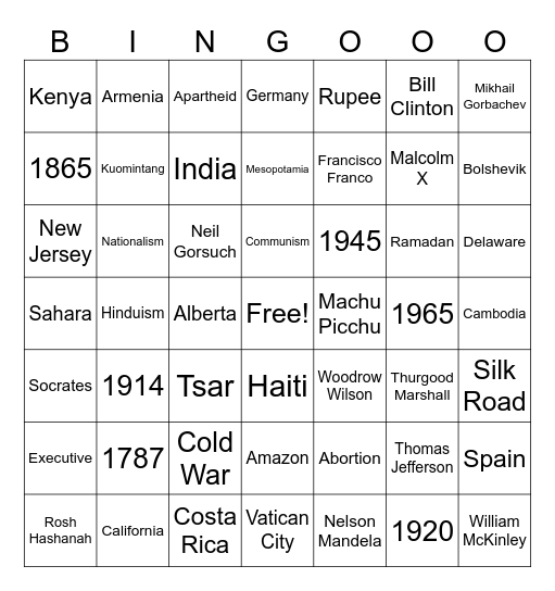 Social Studies Bingo (C) Bingo Card