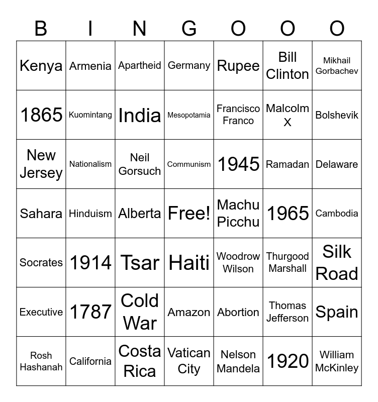 Social Studies Bingo (C) Bingo Card