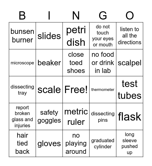Lab Safety and Lab Tools Bingo Card
