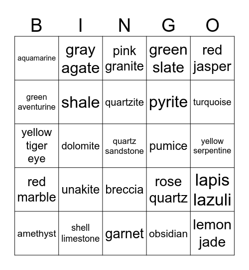 ROCKS & MINERAL BINGO Card