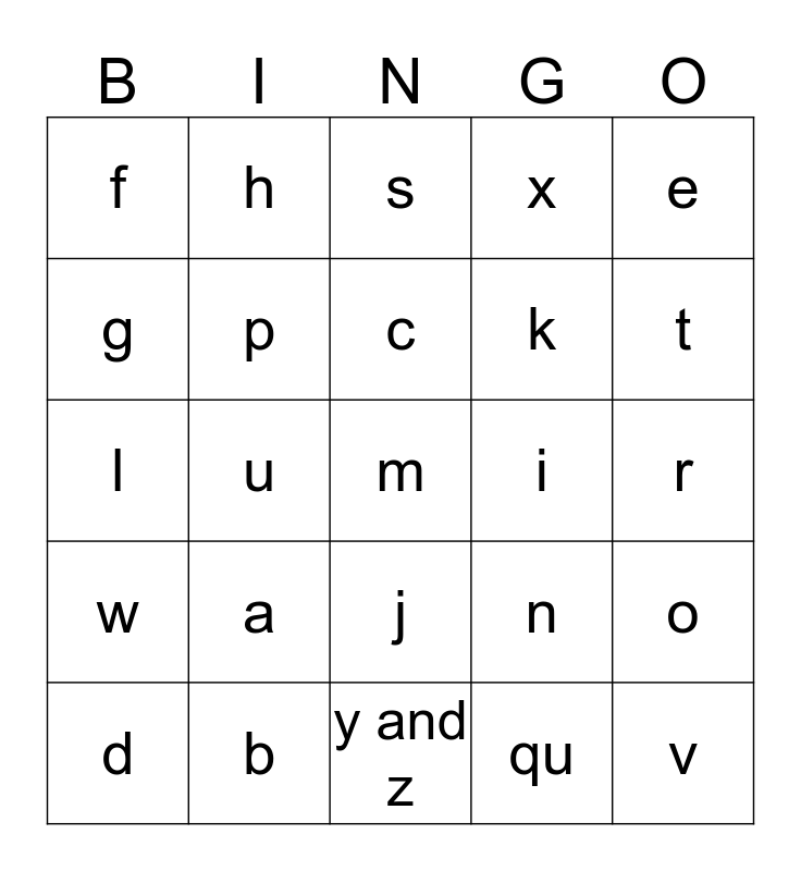 Lowercase Alphabet Bingo Card