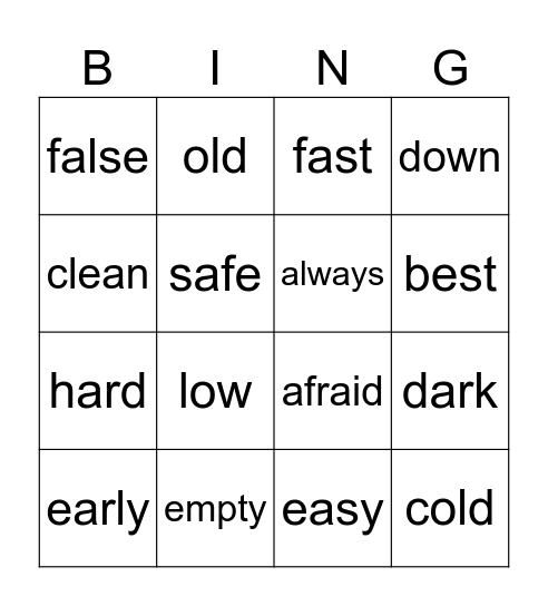 OPPOSITES Bingo Card