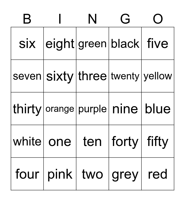 French numbers colours in English Bingo Card