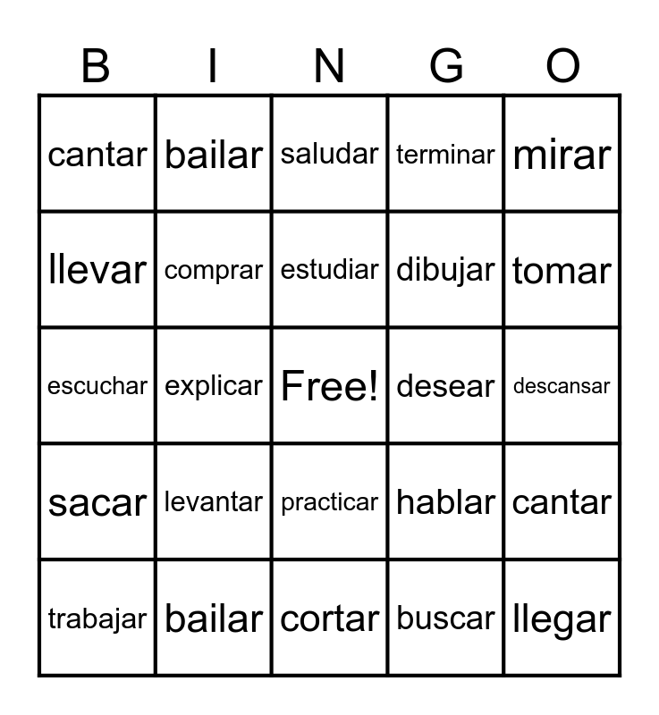 -AR Spanish Verbs Bingo Card