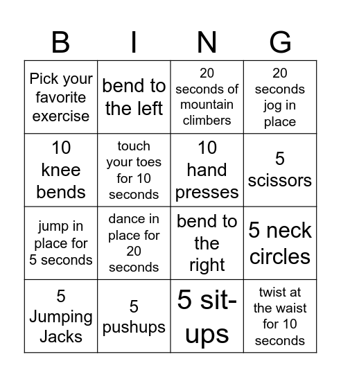 PE Bingo Card