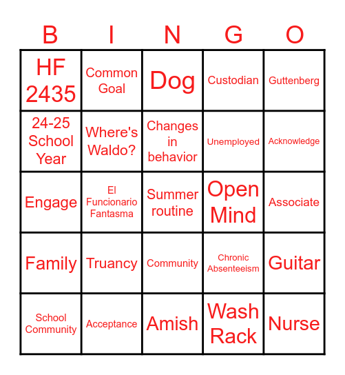 WCSD Welcome Back Assembly 2024-2025 Bingo Card