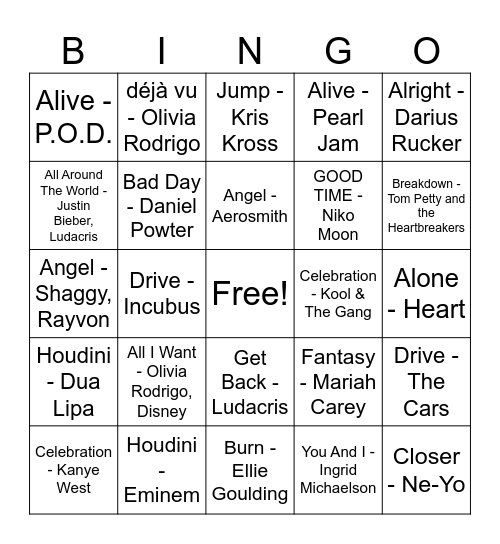 Same Name/Different Song (Double Bingo) Bingo Card