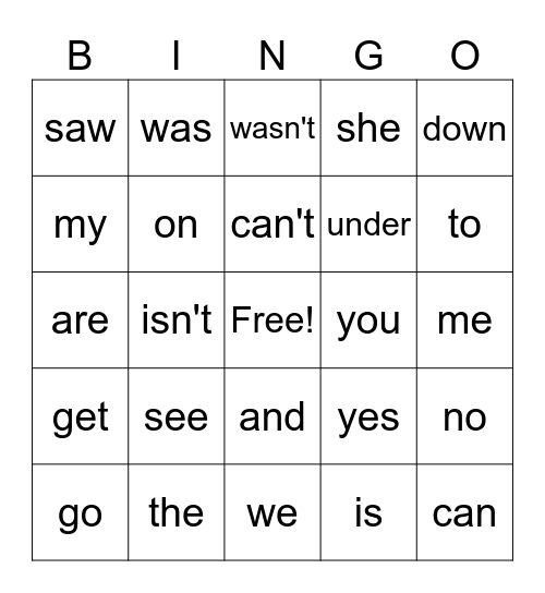 Sight Word Review Bingo Card