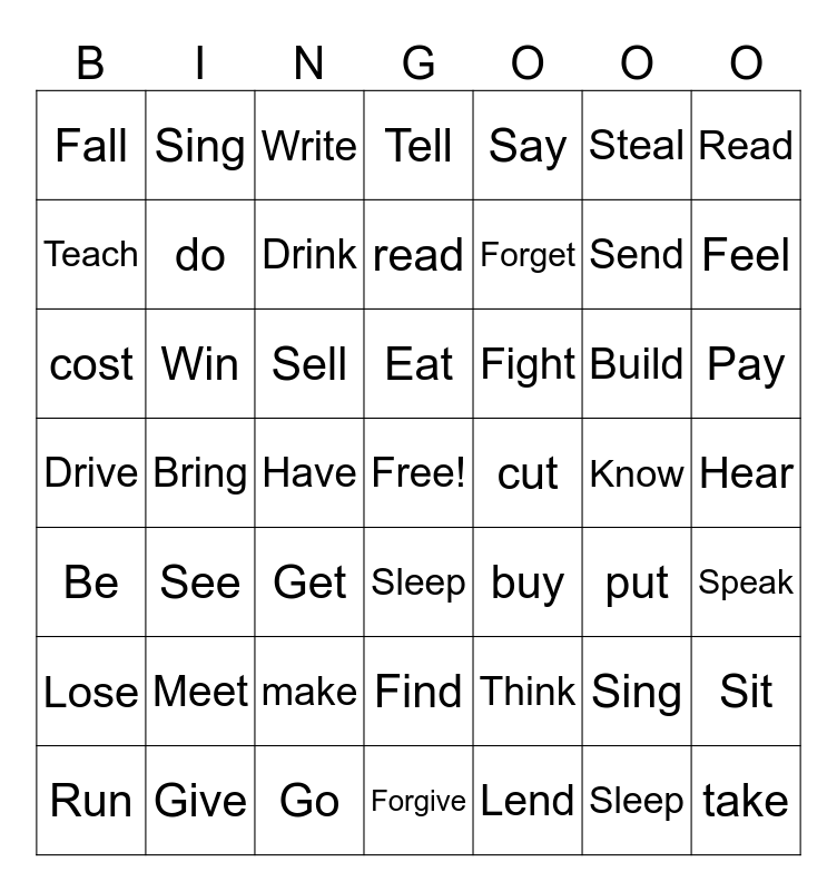 Irregular Verbs Bingo Card