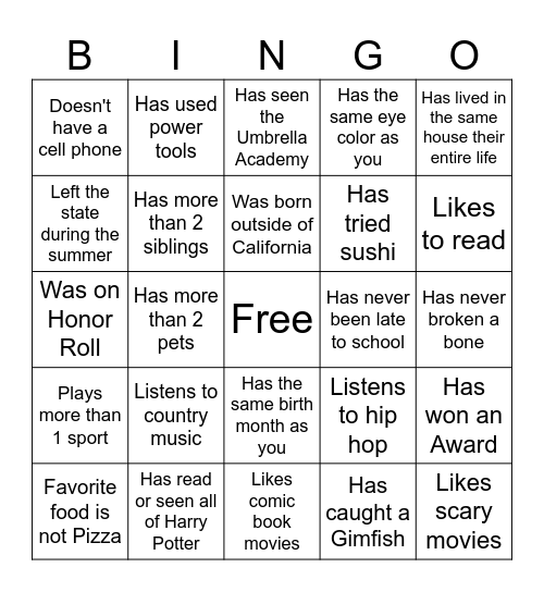 Middle School Bingo Card