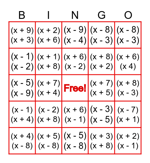 FACTORING BINGO Card