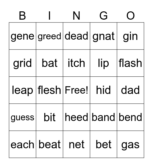 Front Vowels Bingo Minimal Pairs Bingo Card