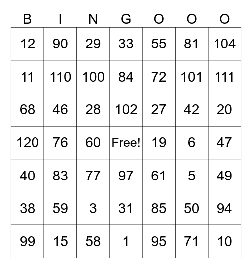 Math - Numbers to 120 Bingo Card