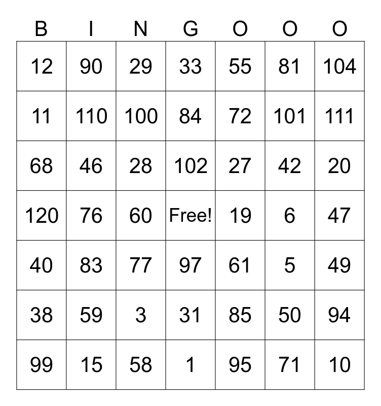 Math - Numbers to 120 Bingo Card