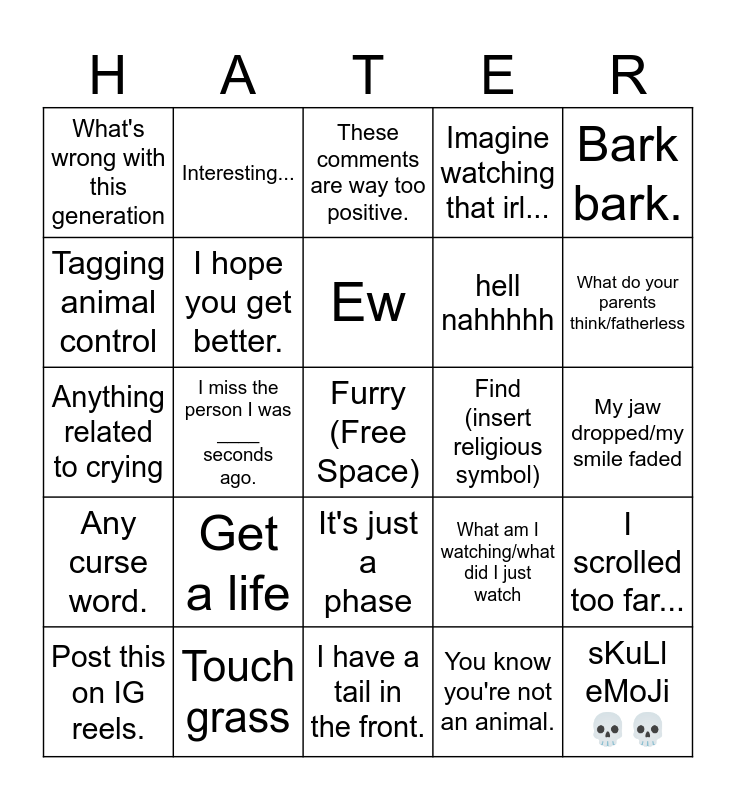 Therian Hate Comment Bingo Card