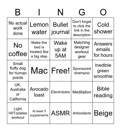 Healthy influencer morning routine bingo Card