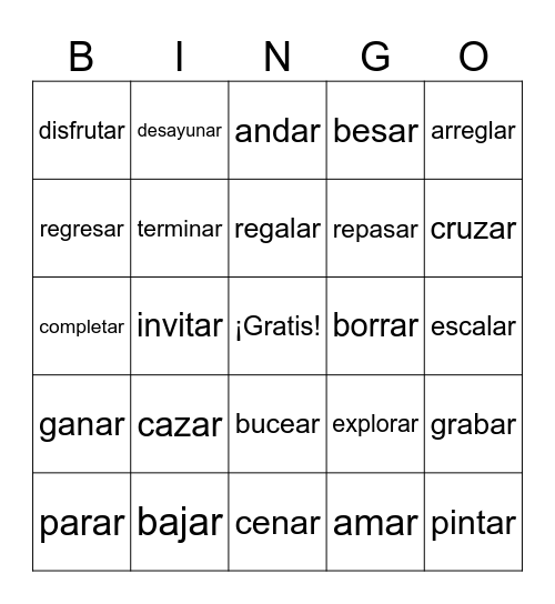 Spanish -AR Verbs Bingo Card