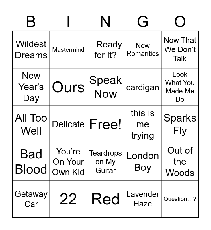 Taylor Swift Bingo Card