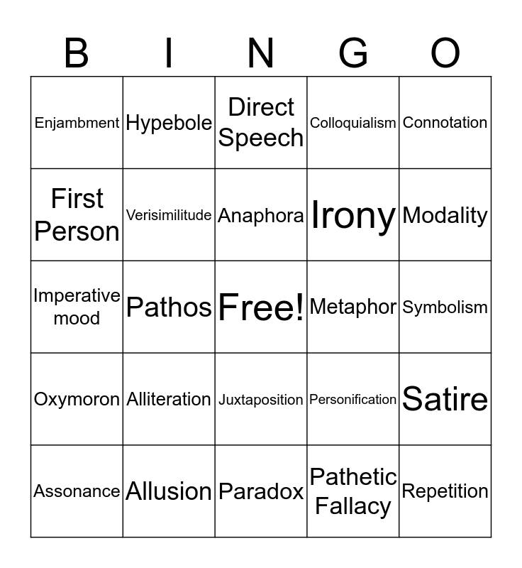 Literary Devices Bingo Card