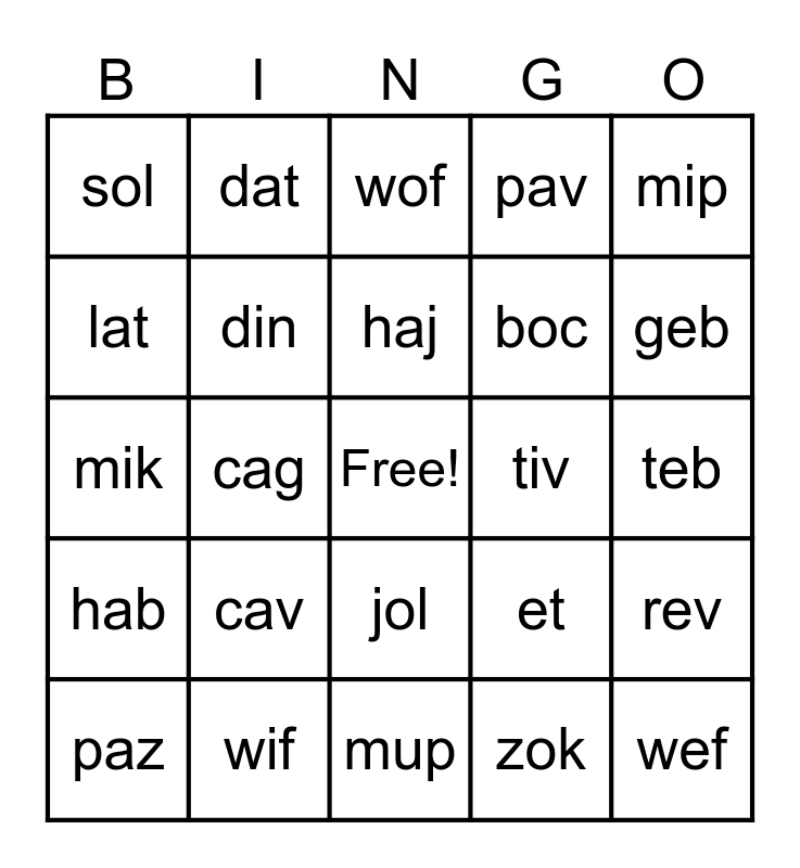 Nonsense Word Bingo Card