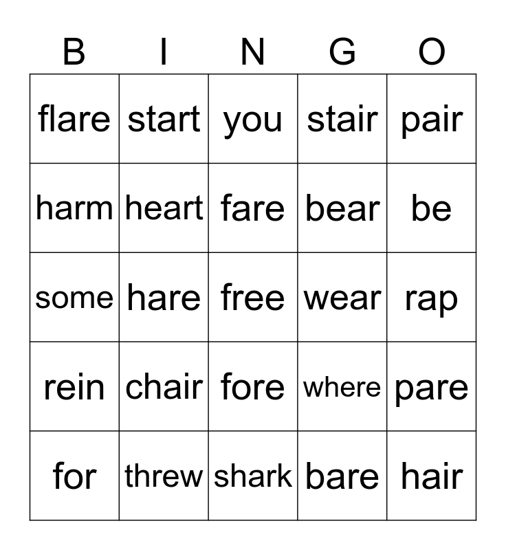 R-influenced Vowel Patterns Bingo Card