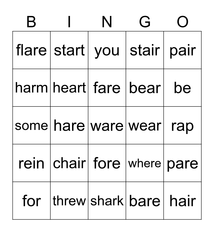 R-influenced Vowel Patterns Bingo Card