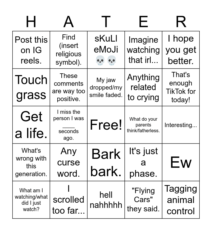 Therian Hate Comment Bingo Card