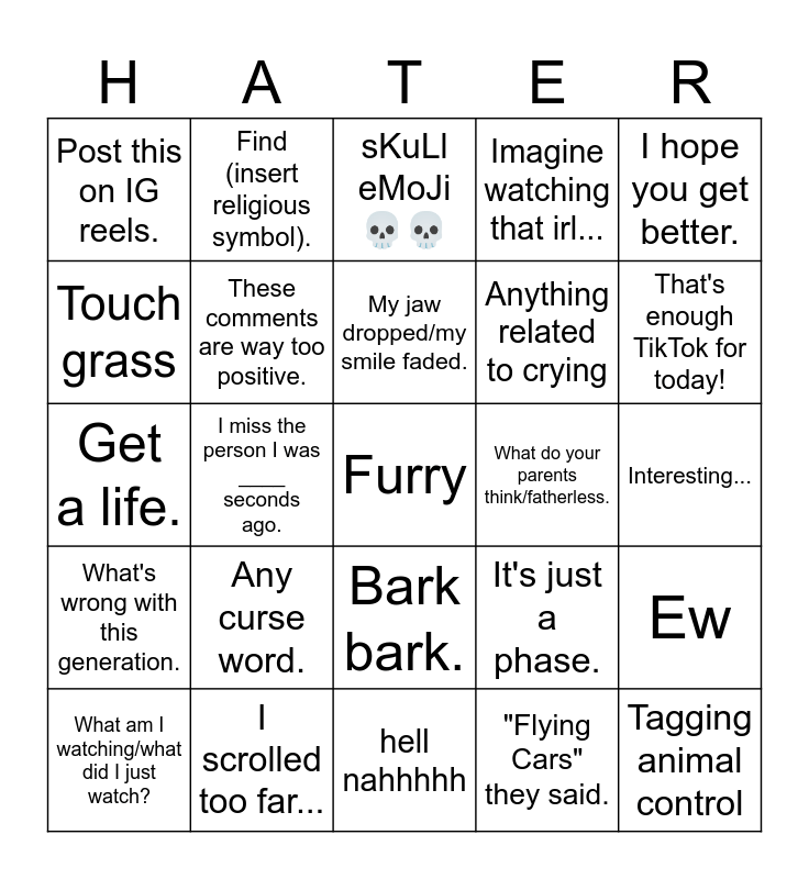 Therian Hate Comment Bingo Card
