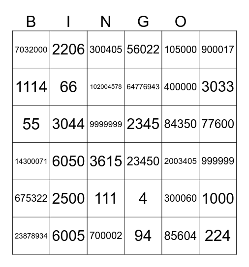 Large Numbers Bingo Card