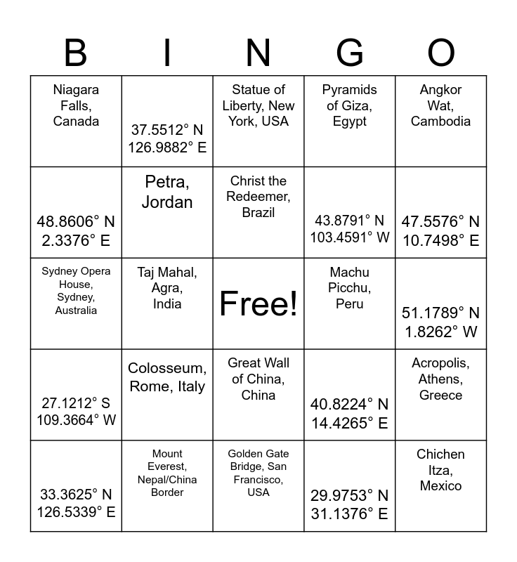 World Landmark Bingo Card