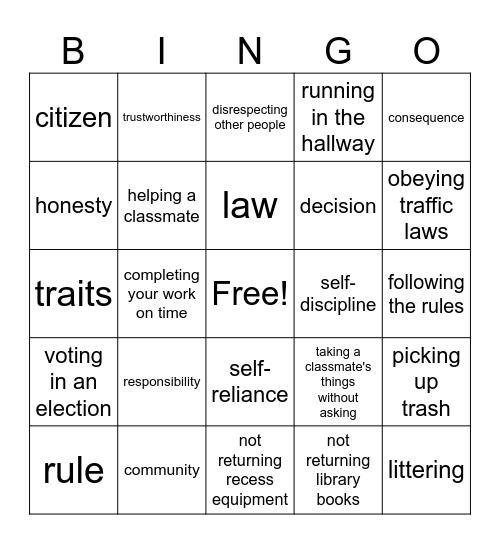 Citizenship BINGO Card
