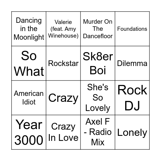 2000s Music Bingo Round 1 Bingo Card