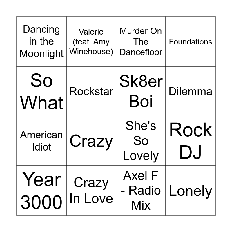 2000s Music Bingo Round 1 Bingo Card