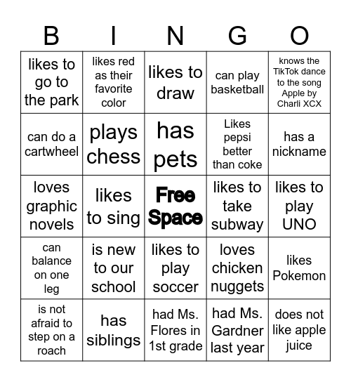 3rd Grade Class Bingo Card