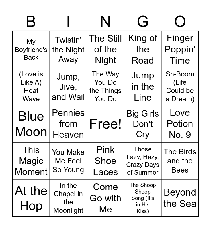 1950's Music Bingo Card