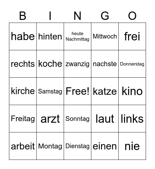 German Bingo Card