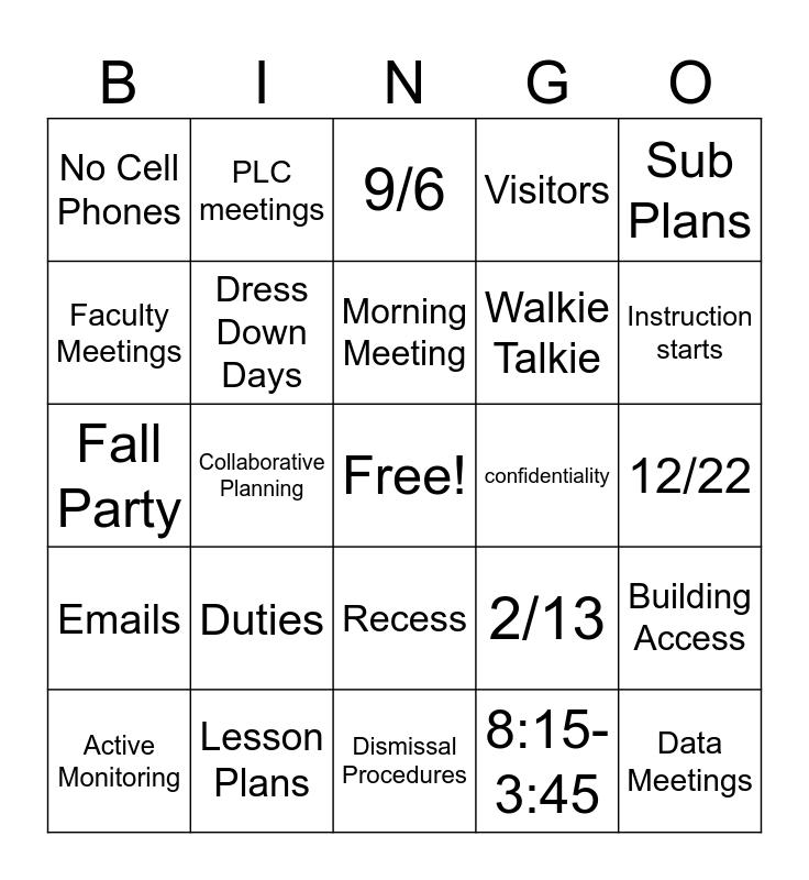 Elementary Staff Handbook Bingo Card