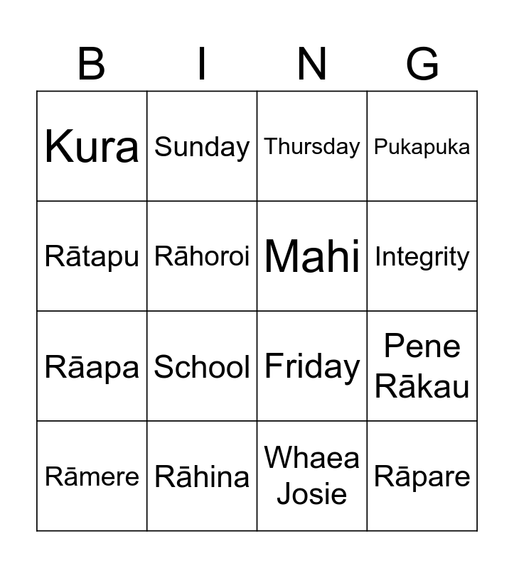 Te Reo Māori days of the week Bingo! Bingo Card