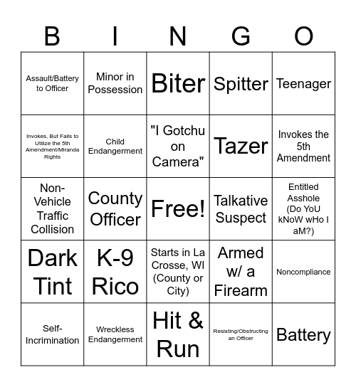 Police Bodycam Bingo Card